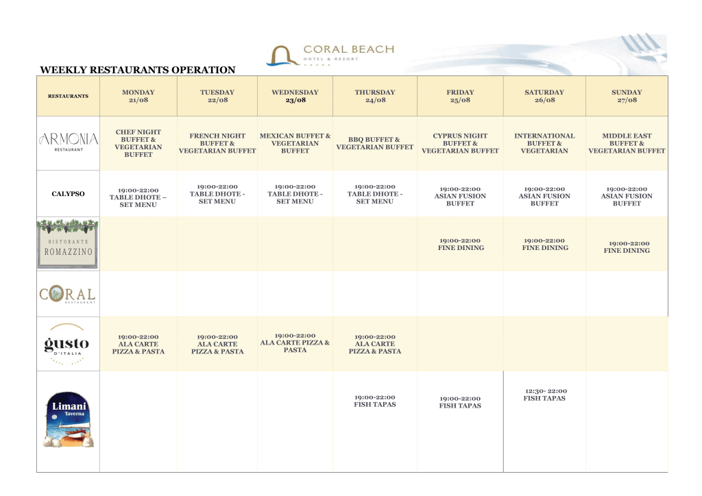 Weekly Activities and Entertainment - Coral Beach Hotel & Resort in ...